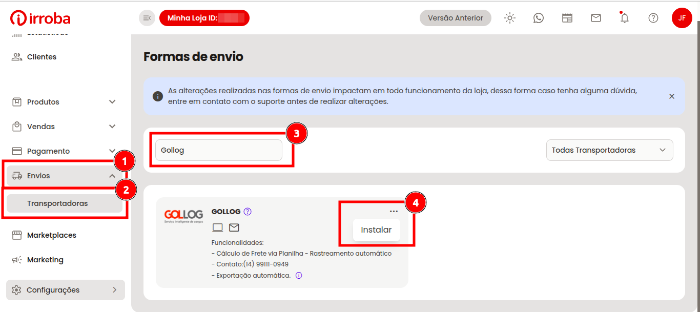 Integração com a Gollog (Novo Dashboard) – Ajuda Irroba
