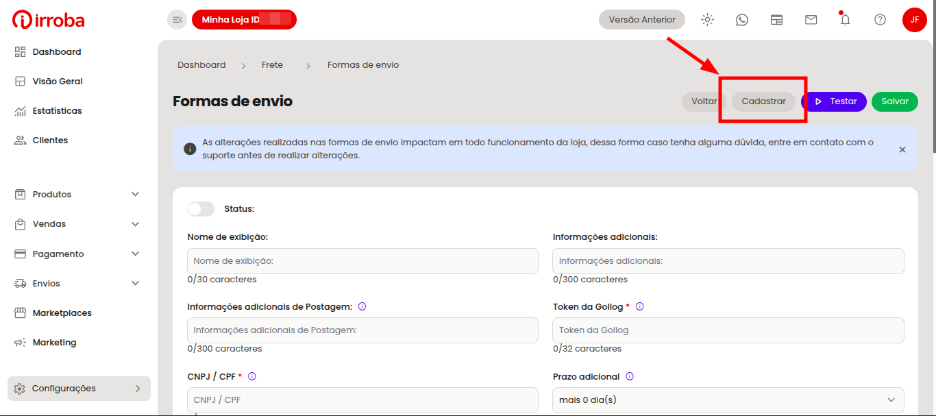 Integração com a Gollog (Novo Dashboard) – Ajuda Irroba