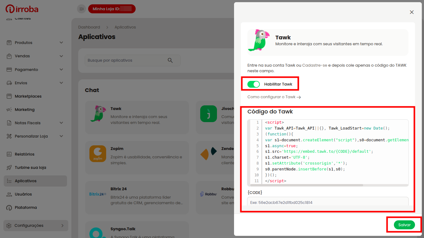 Como integrar o chat Tawk.to a Irroba (Novo Dashboard) – Ajuda Irroba